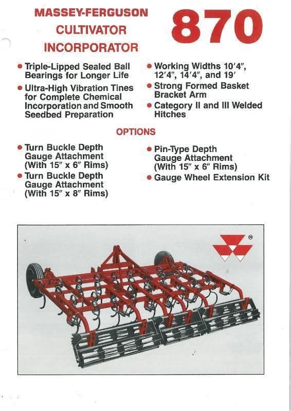 MASSEY FERGUSON MF870 CULTIVATOR INCORPORATOR MF 870 BROCHURE -IB3