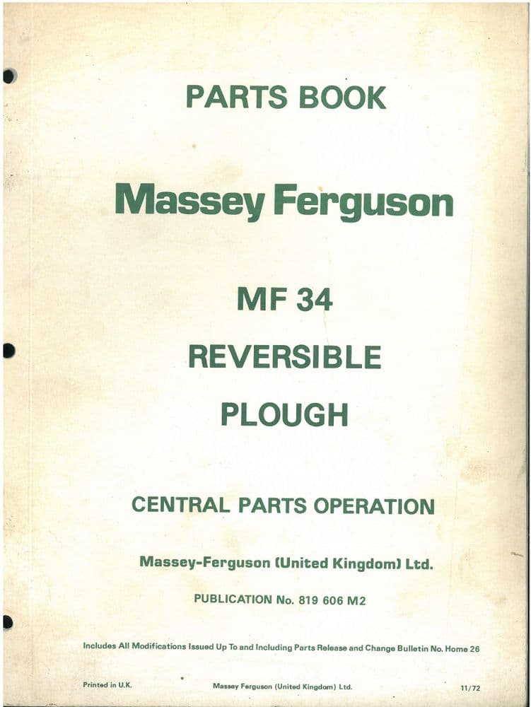 Massey Ferguson Reversible Plough MF34 Parts Manual
