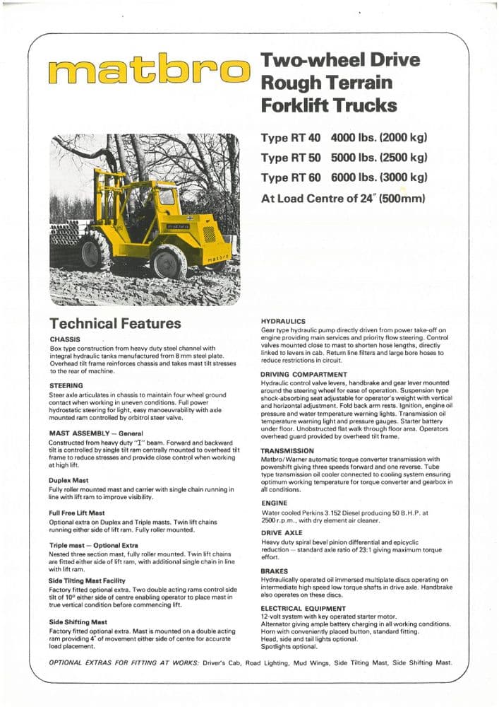 Matbro Rough Terrain Forklift RT40 RT 50 RT60 Brochure - RT 40 50 60