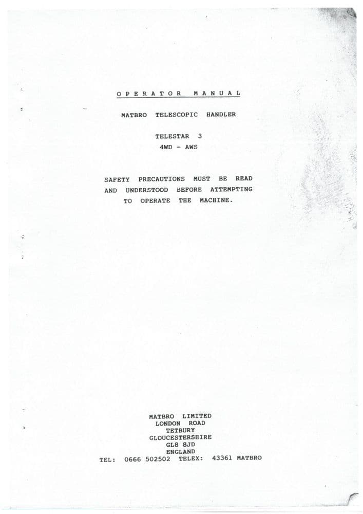 Matbro Telescopic Handler Telestar 3 4WD - AWS Operators Manual