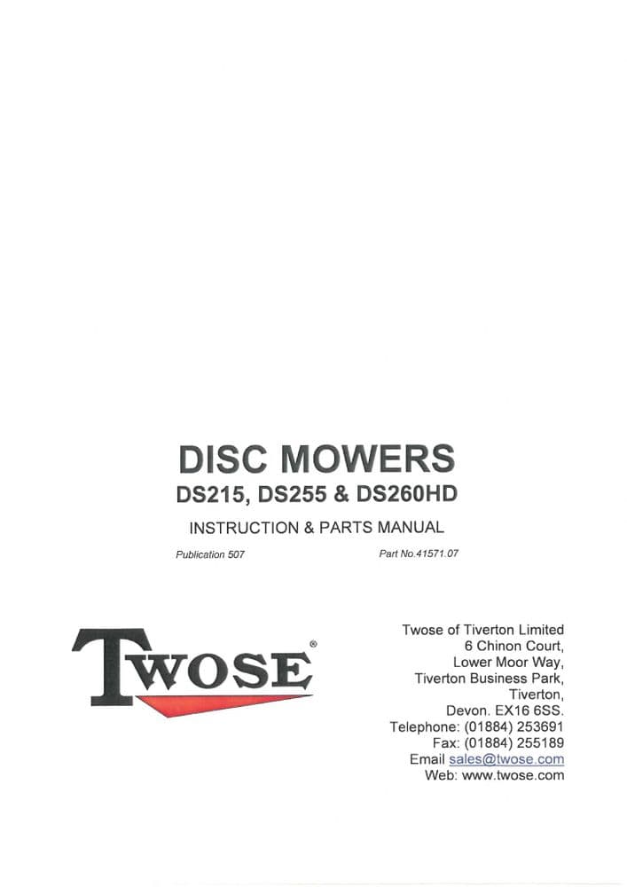 Mcconnel Twose Disc Mower DS215 DS255 FDS260HD Operators and Parts Manual