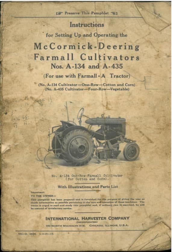 McCormick Deering Farmall Cultivator - Models A134 & A435 Instruction ...