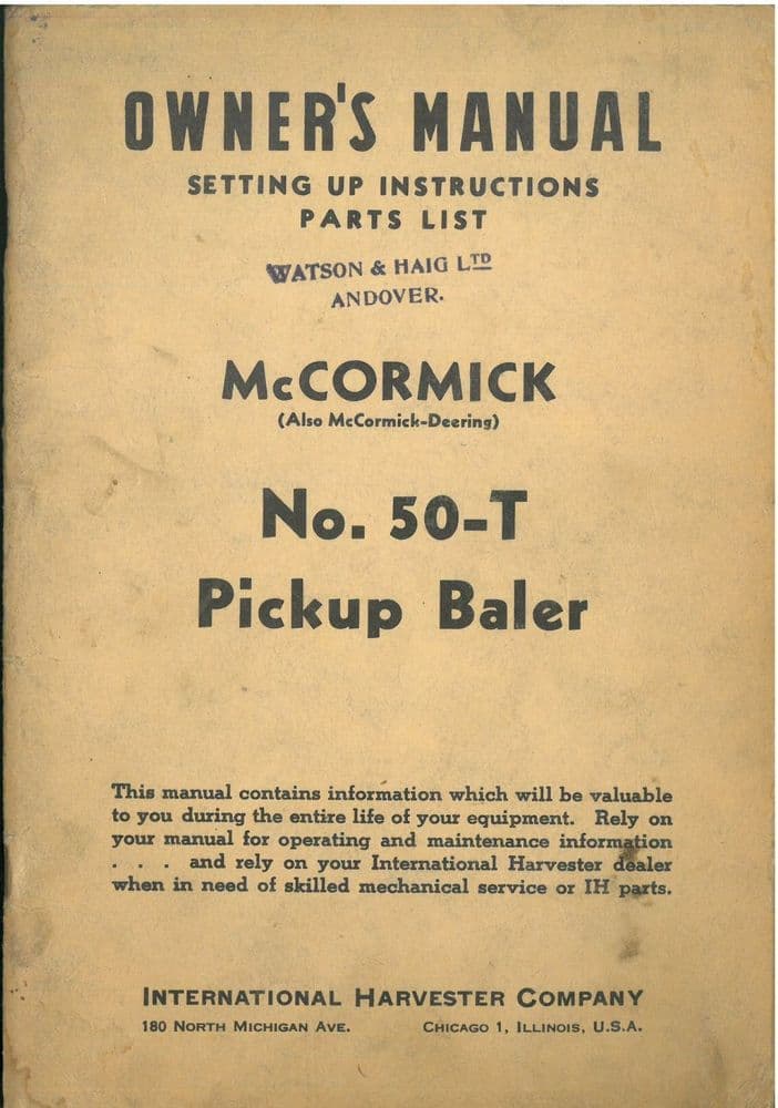 McCormick Deering Pickup Baler No 50-T Operators Manual inc Parts List ...