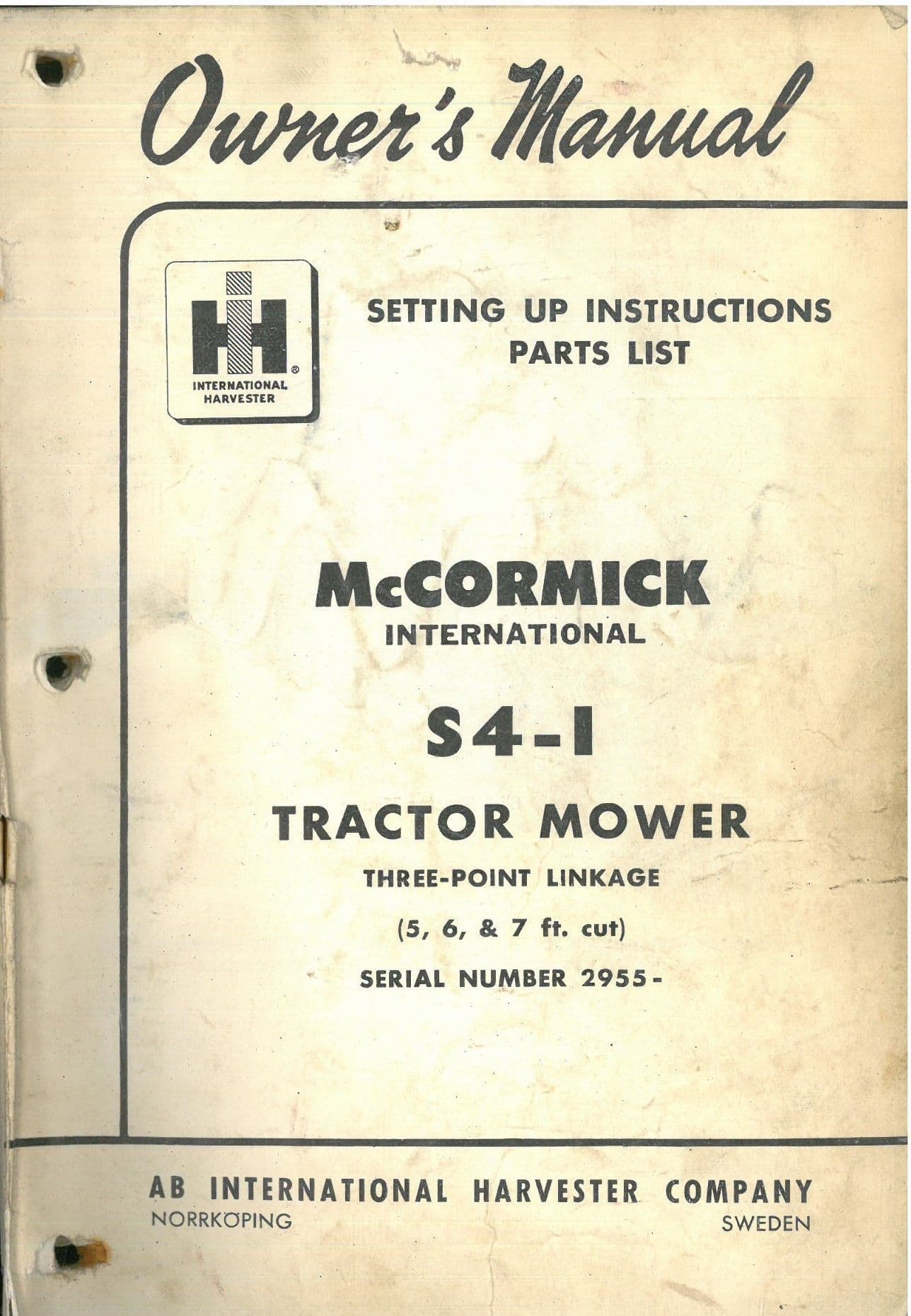 McCormick International S4-1 Tractor Mower Operators Manual and Spare ...