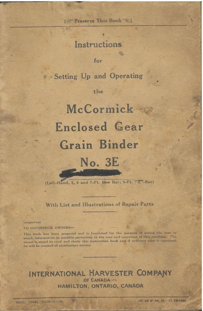 McCormick No 3E Enclosed Gear Grain Binder Operators Manual with Parts List
