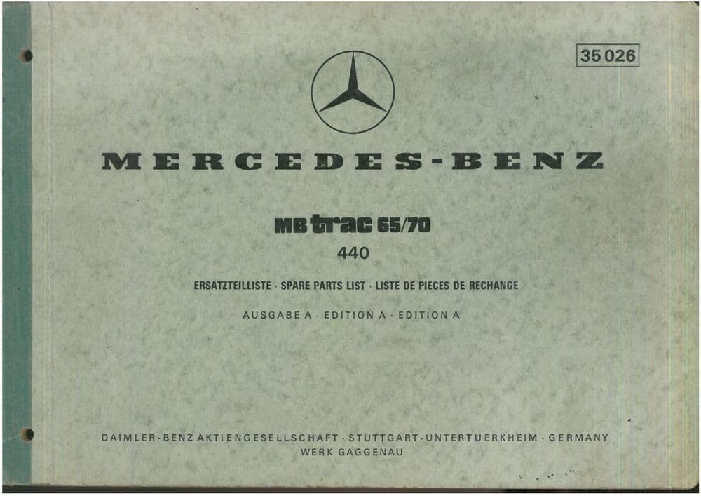 Mercedes Tractor MB Trac 65 & 70 Type 440 Parts Manual