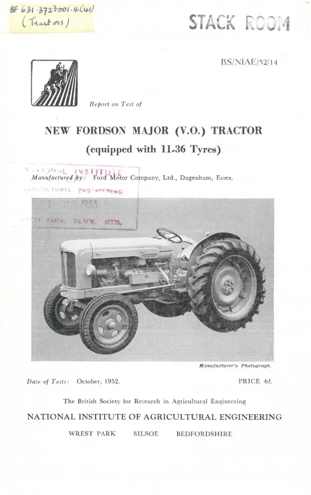 NIAE New Fordson Tractor Major V O with 11-36 Tyres Test Report Brochure