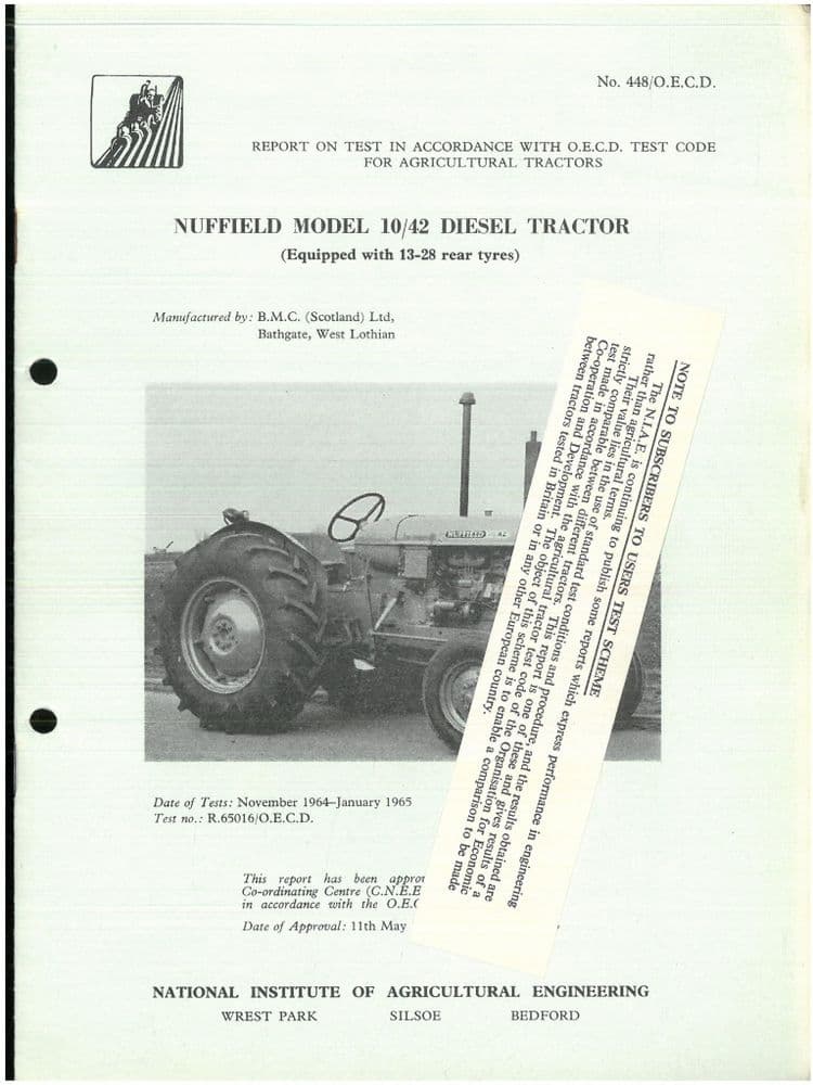 NIAE TEST REPORT FOR NUFFIELD MODEL 10/42 DIESEL TRACTOR 10 42 - BK1
