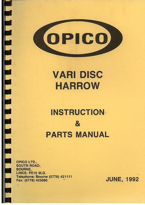 Opico Vari Disc Harrow Operators Manual with Parts List - ORIGINAL