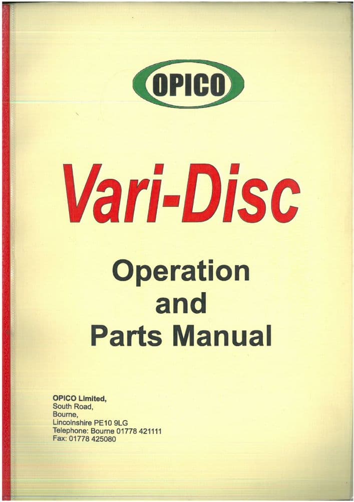 Opico Vari Disc Skyros V225 V350 Operators Manual & Parts List
