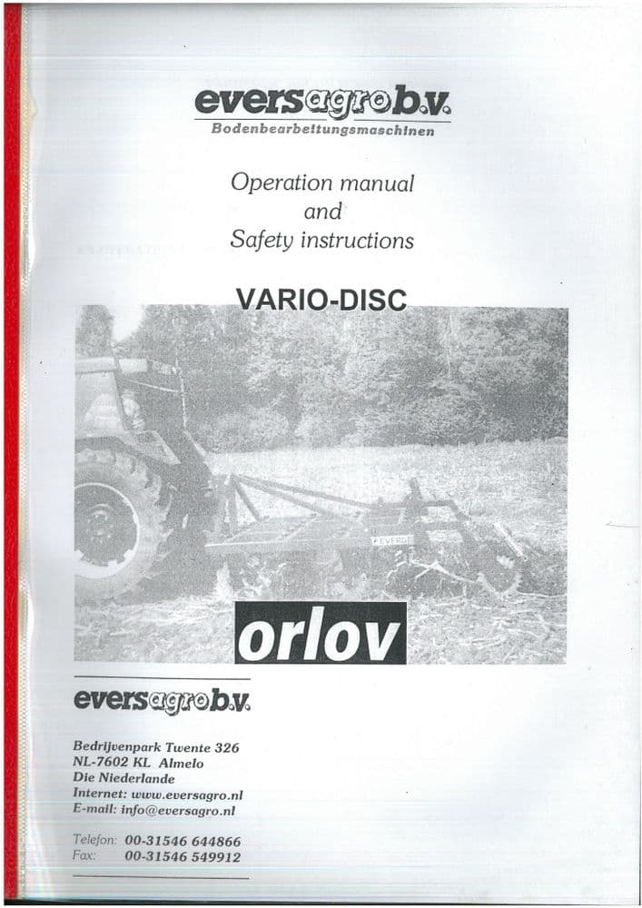 Orlov Vari Disc W260 W300 W340 Operators Manual & Parts List