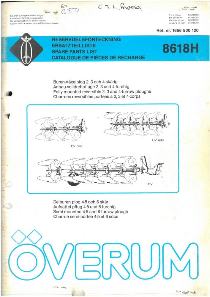 Overum Semi/Fully Mounted Plough CV398 CV498 DV Parts Manual 2 3 4 & 5 ...
