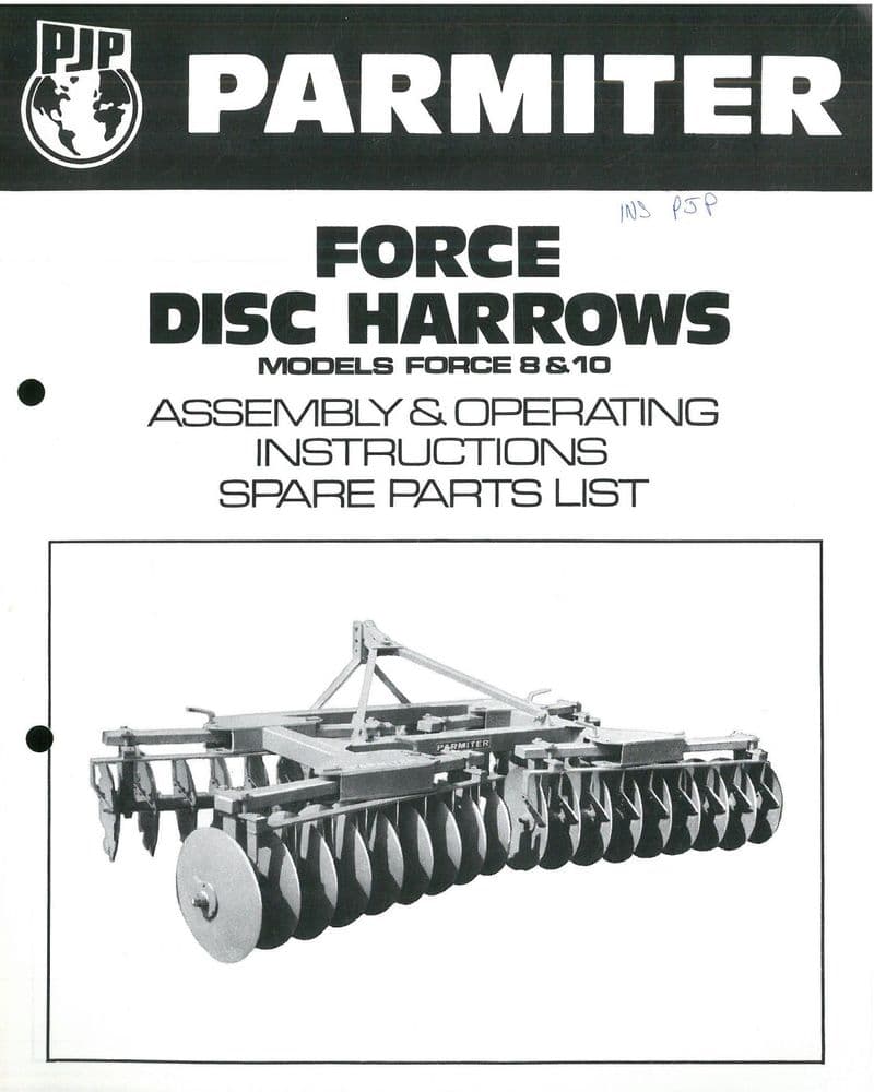 Parmiter Force Disc Harrows Models 8 & 10 Operating Manual with Parts ...