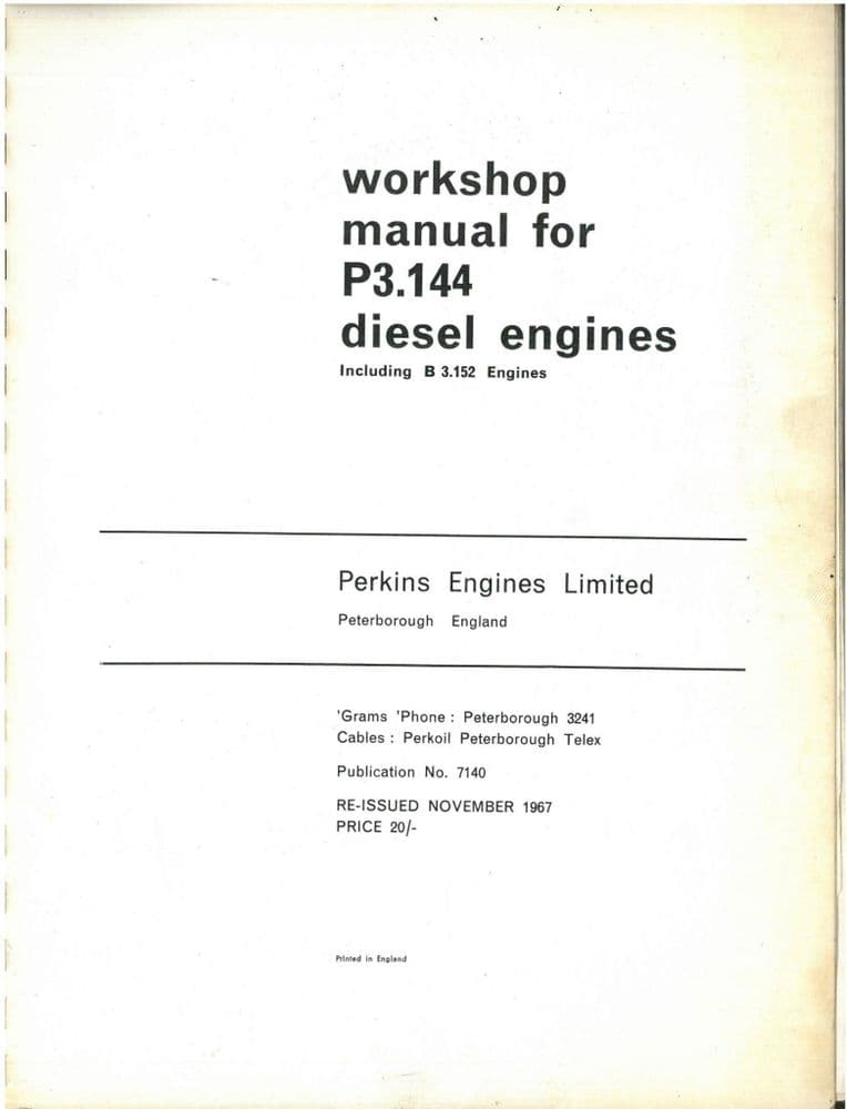 Perkins Diesel Engine P3 144 & B3 152 Workshop Manual - Inc Tractor ...