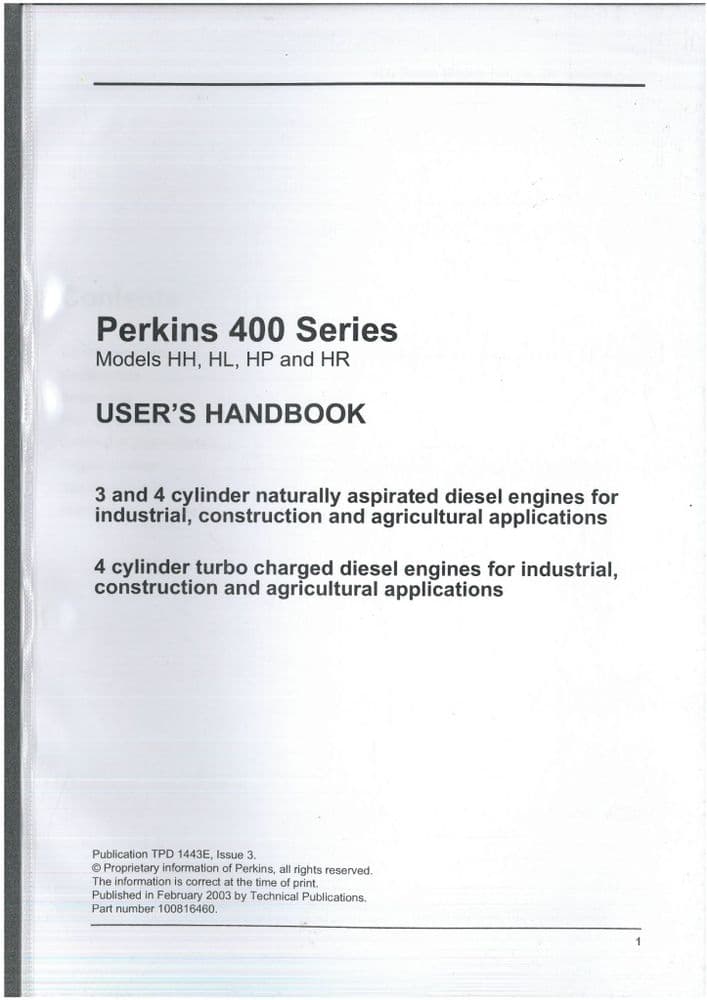 Perkins Engine 400 Series Model HH HL HP & HR Operators Manual
