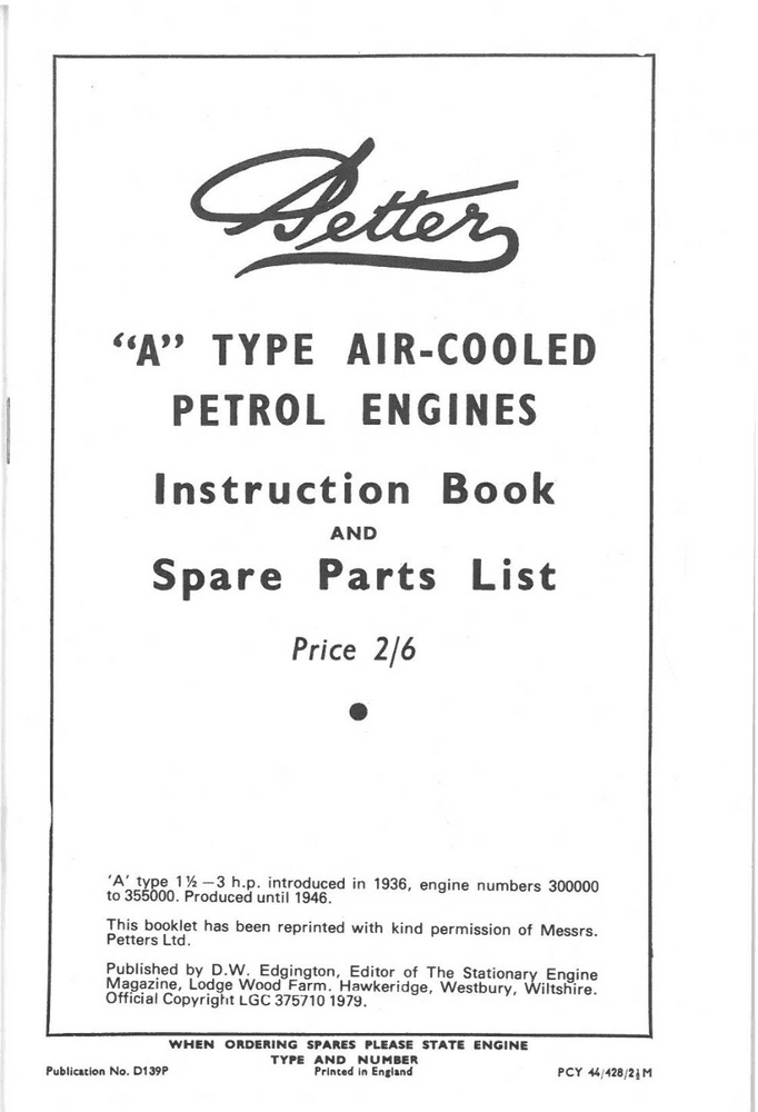 Petter Air Cooled Petrol Engine "A" Type Operators Manual and Spare ...
