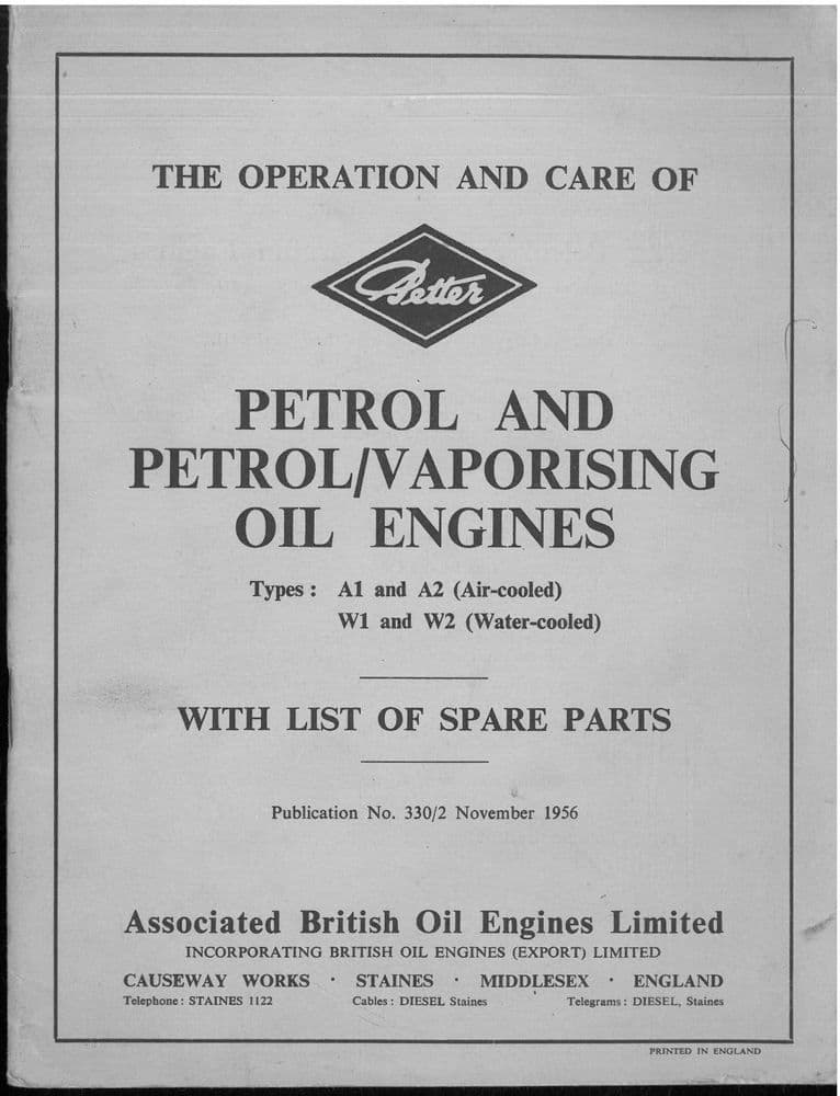 Petter Petrol & Petrol/Vaporising Oil Engine A1 & A2 W1 & W2 Operators ...