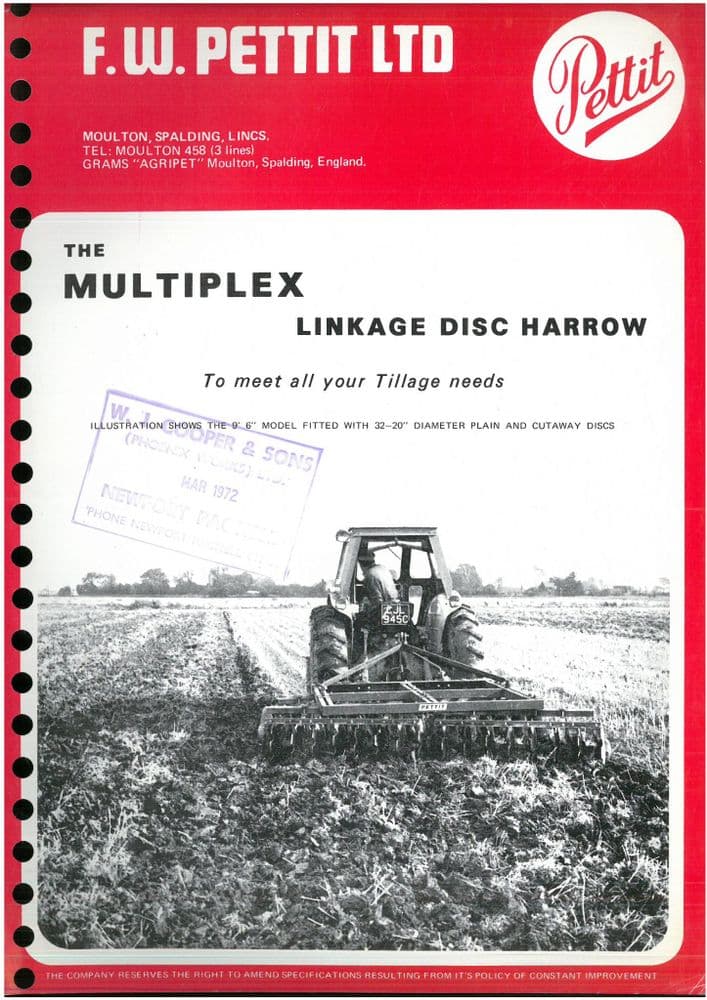 Pettit The Multiplex Linkage Disc Harrow Brochure