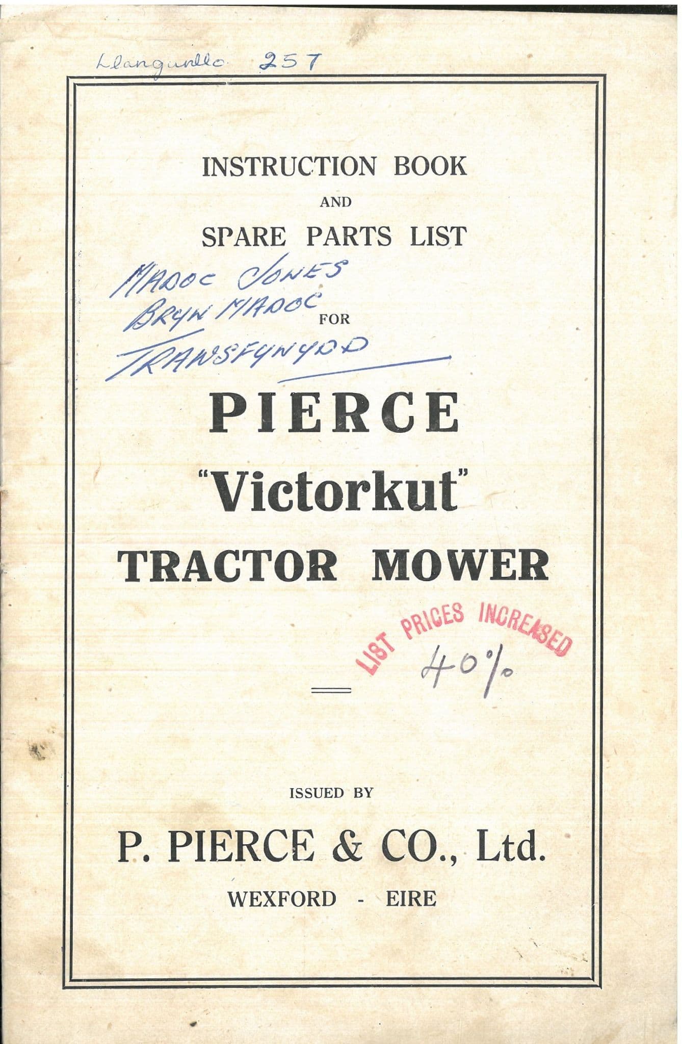 Pierce Victorkut Tractor Mower Operators & Parts List