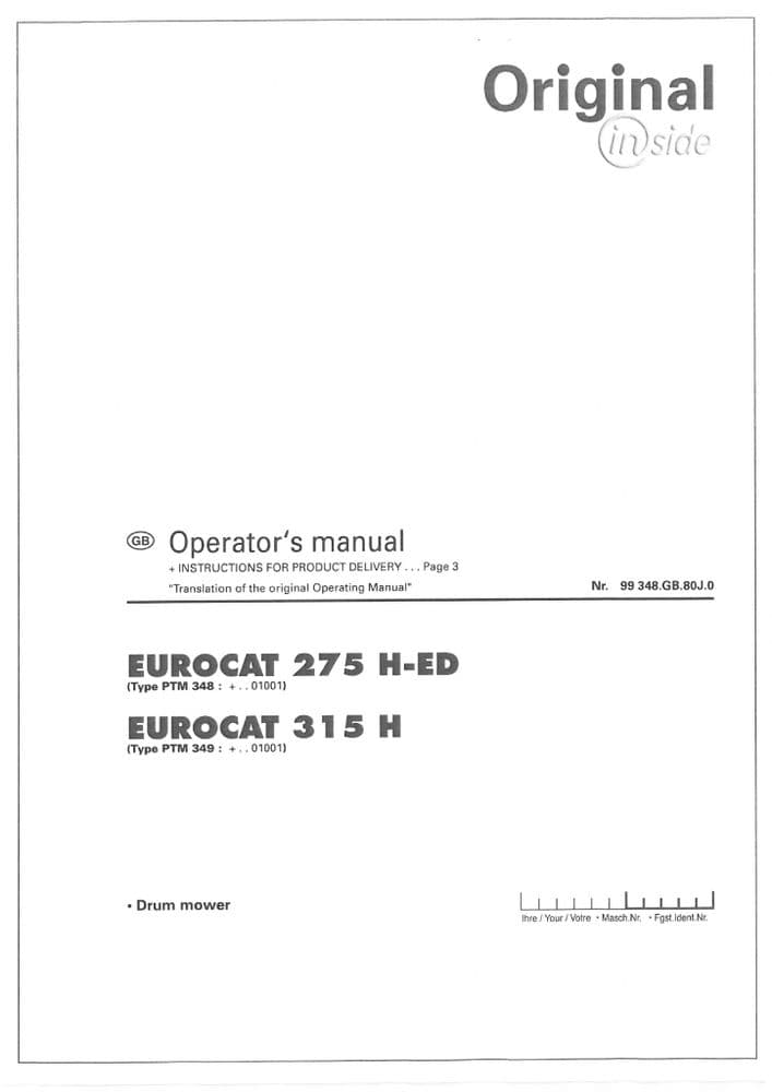 Pottinger Disc Mower Eurocat 275HED 315H Operators Manual
