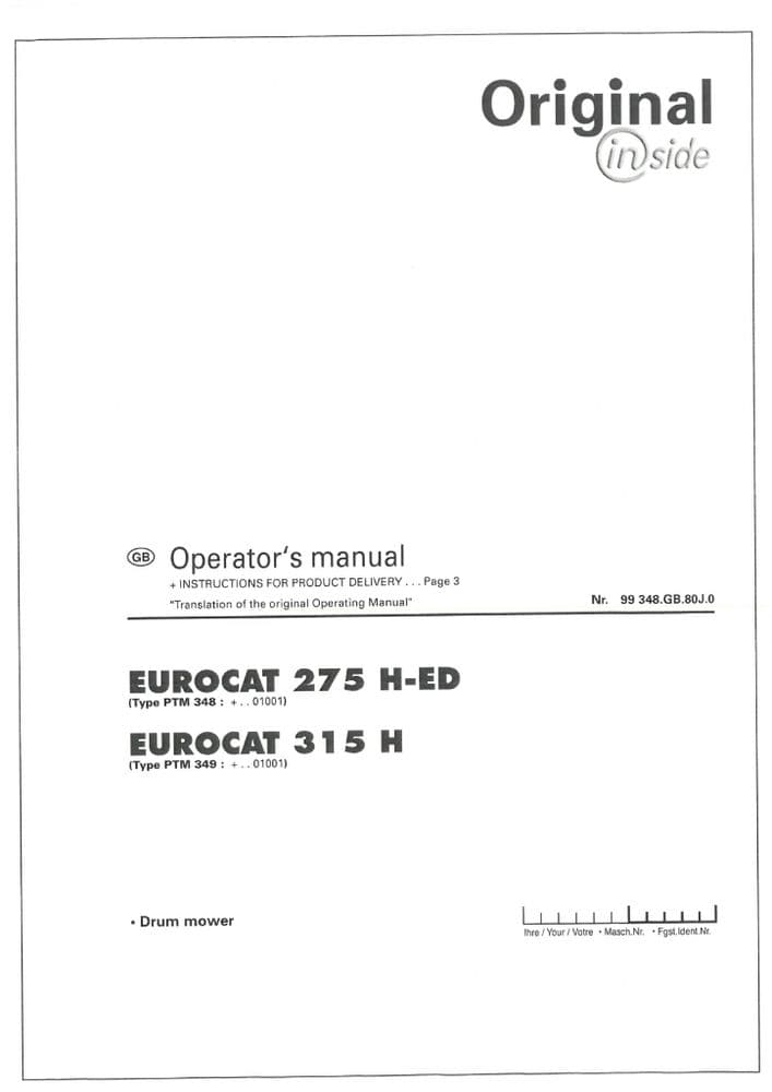Pottinger Drum Mower Eurocat 275 HED 315H Operators Manual