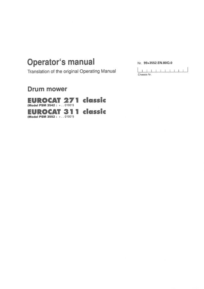 Pottinger Drum Mower Eurocat Classic 271 & 311 Operators Manual