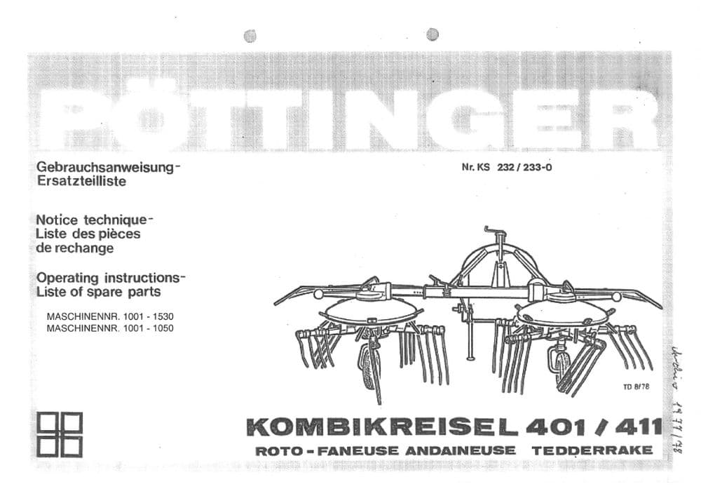 Pottinger Tedder Rake KOMBIKREISEL 401 411 Operators & Parts Manual