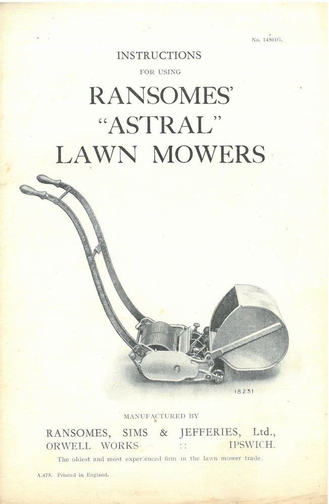 Ransomes Astral Lawn Mower Operators Manual