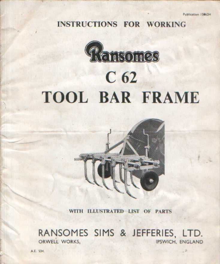 Ransomes C62 Tool Bar Frame Operators Manual - ORIGINAL