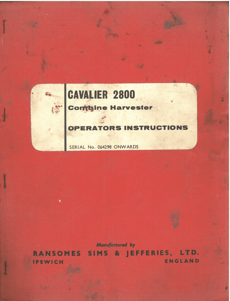 Ransomes Combine Harvester Cavalier 2800 Operators Manual ORIGINAL
