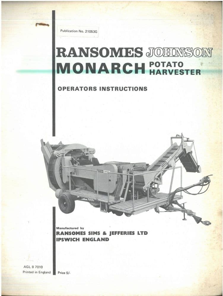 Ransomes Johnson Monarch Potato Harvester Operators Manual