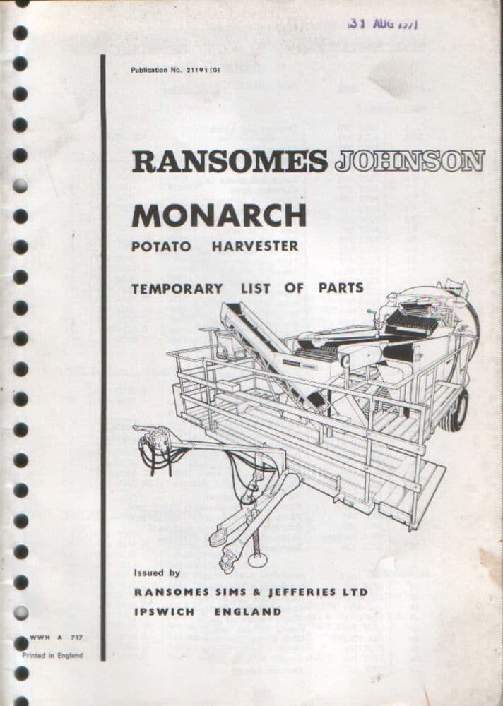 Ransomes Johnson Monarch Potato Harvester Parts Manual - ORIGINAL