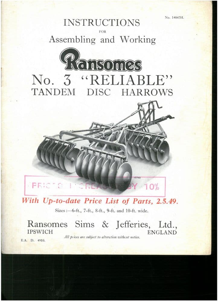Ransomes No 3 Reliable Tandem Disc Harrows Assembling & Working Manual
