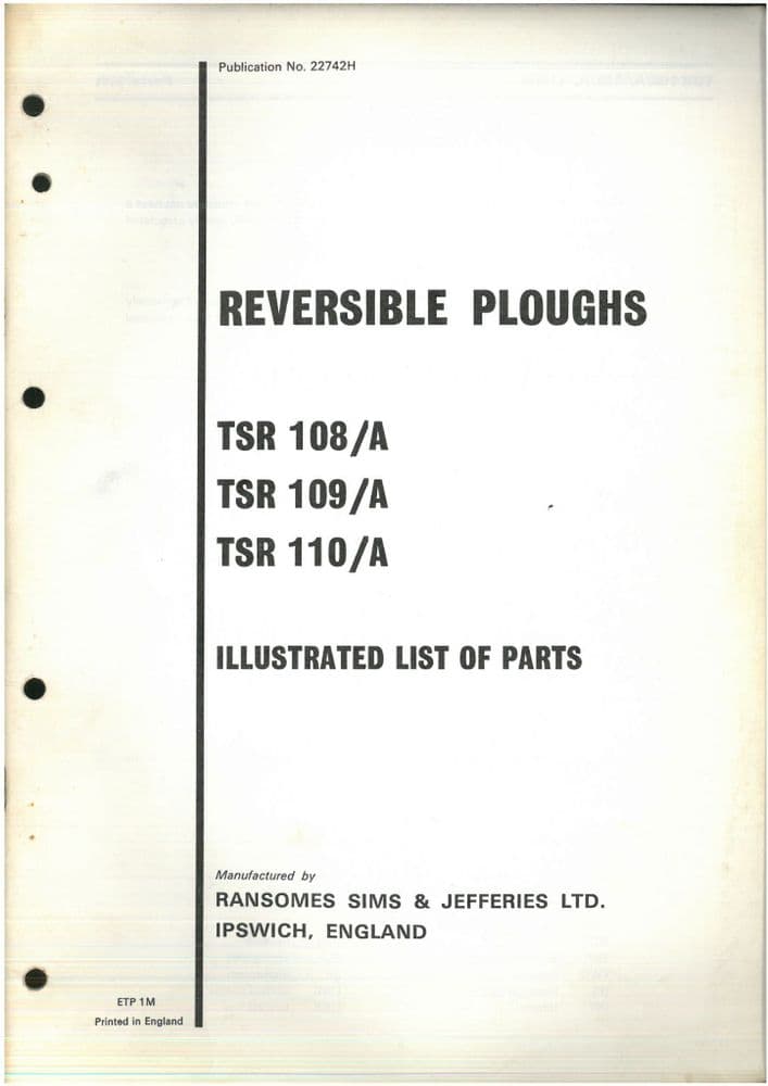 Ransomes Reversible Plough TSR 108/A 109/A 110/A Parts Manual - TSR108 ...