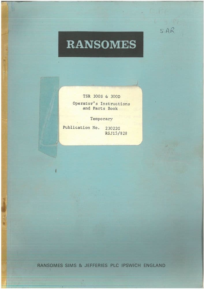 Ransomes Reversible Plough TSR 300S 300D Operators Manual with Parts List