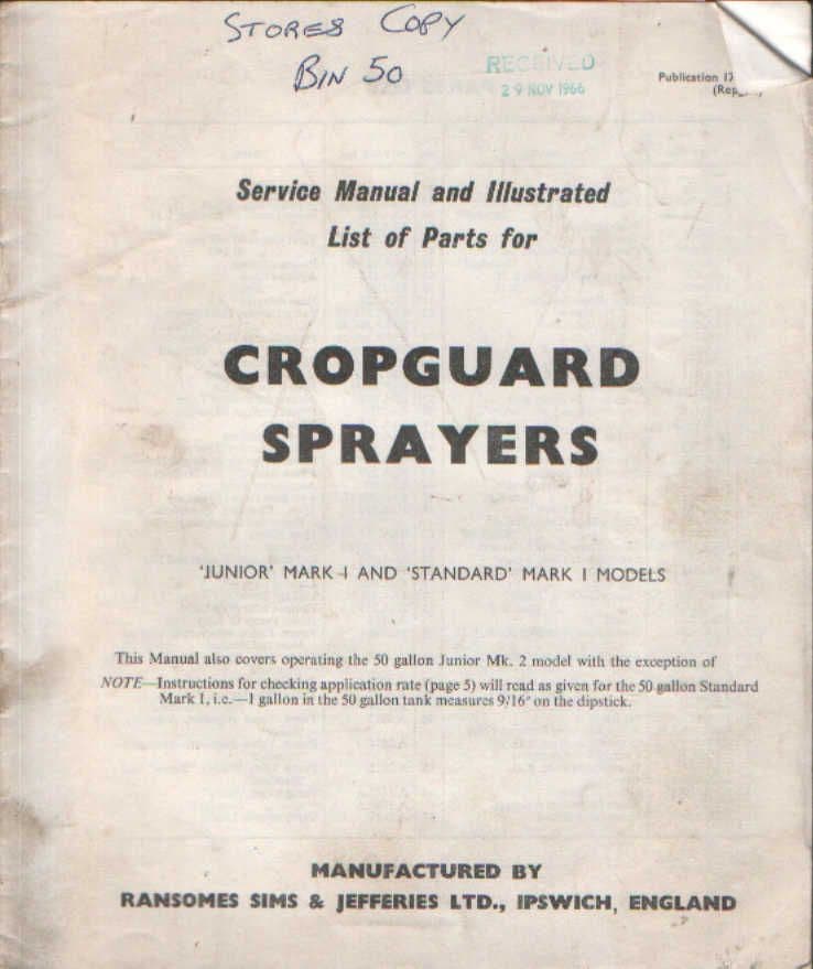 Ransomes Sprayer Cropguard Junior Mk1 & Standard Mk 1 Parts Manual
