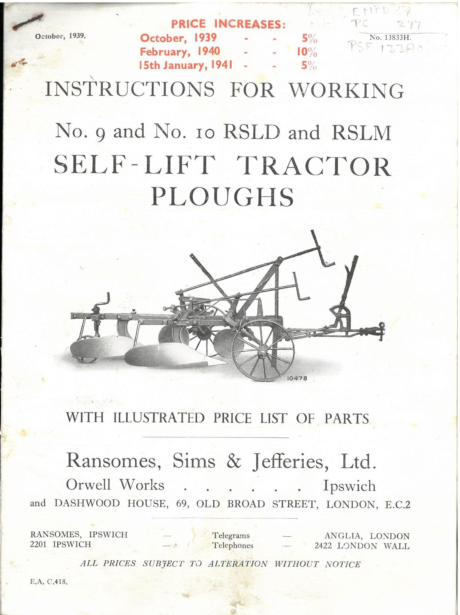 Ransomes Tractor Plough Nos 9 & 10 RSLD & RSLM Operators Manual and ...