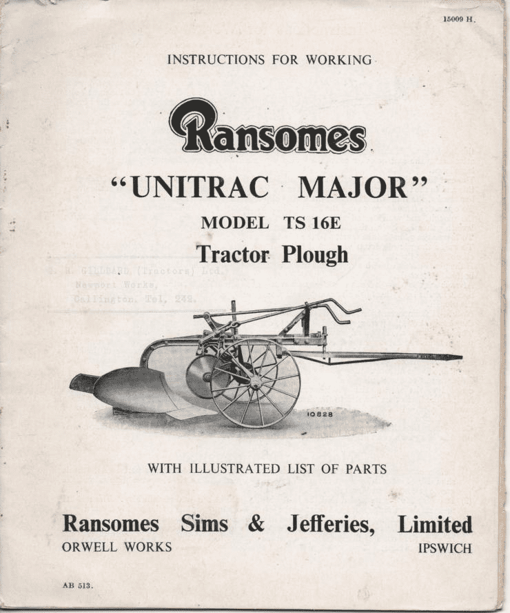 Ransomes TS16E Unitrac Major Tractor Plough Operators Manual and Parts List