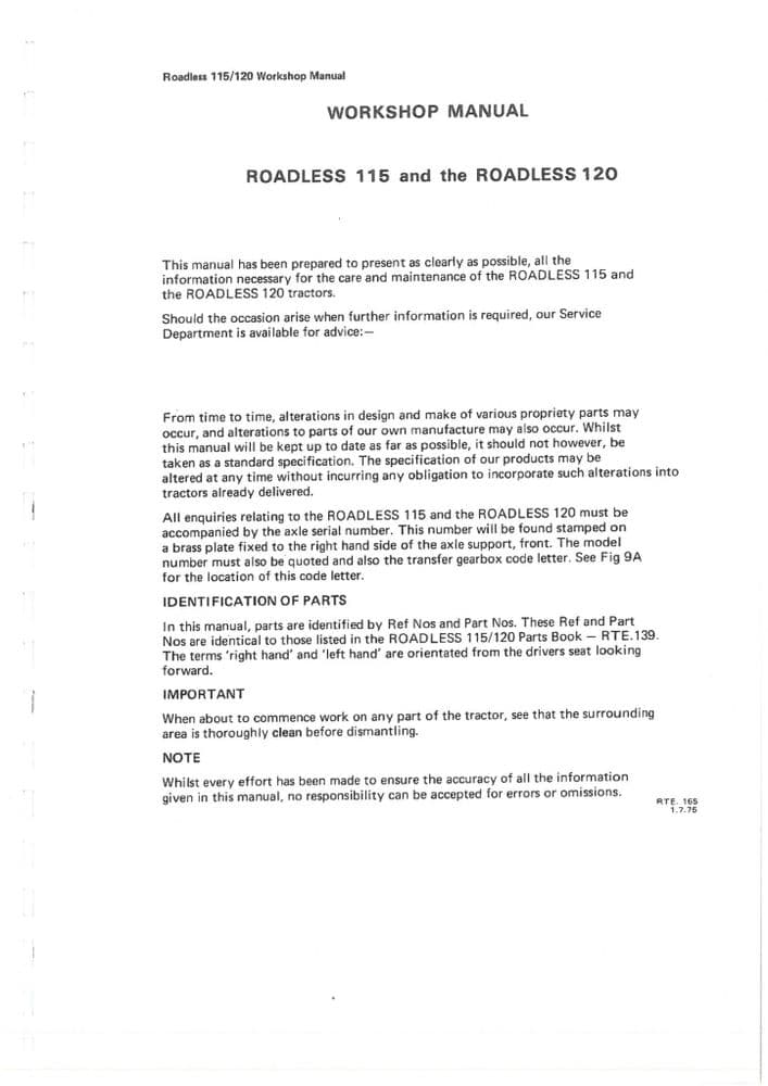 Roadless 115/120 4 Wheel Drive Tractor Workshop Service Manual