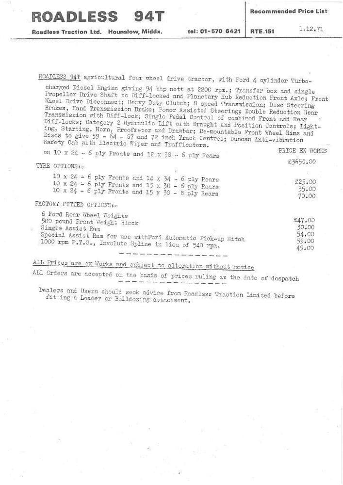 Roadless Tractor 94T Specification Sheet & Price List Brochure - Dated ...