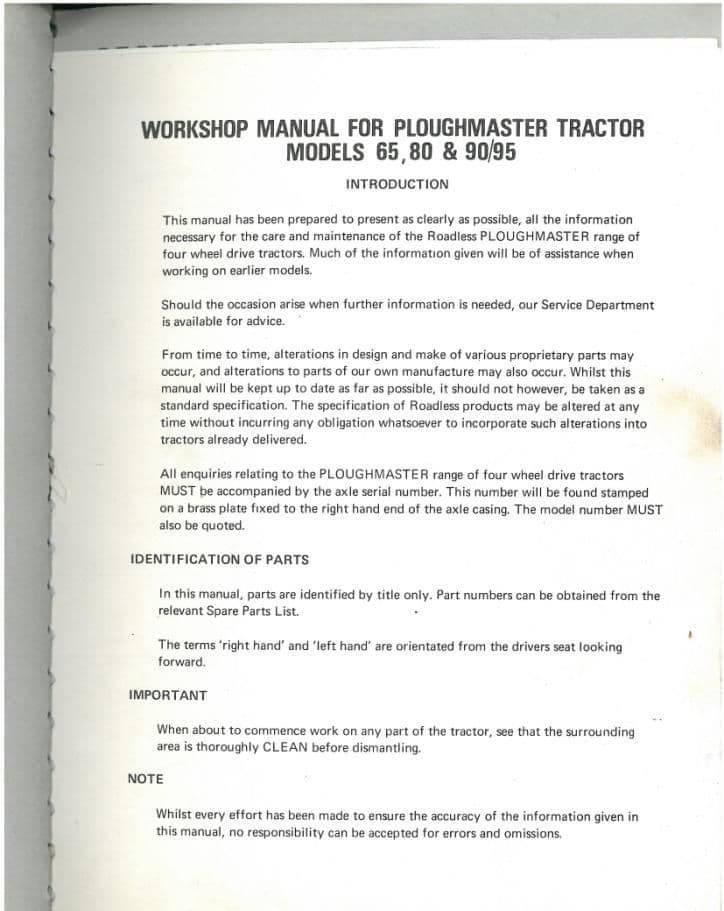 Roadless Tractor Ploughmaster 65 80 & 90 95 Workshop Manual