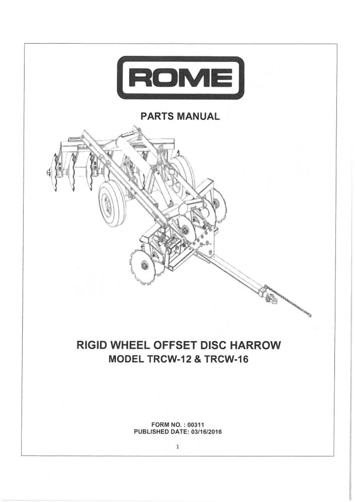 Rome Rigid Wheel Offset Disc Harrow TRCW12 & TRCW16 Parts Manual