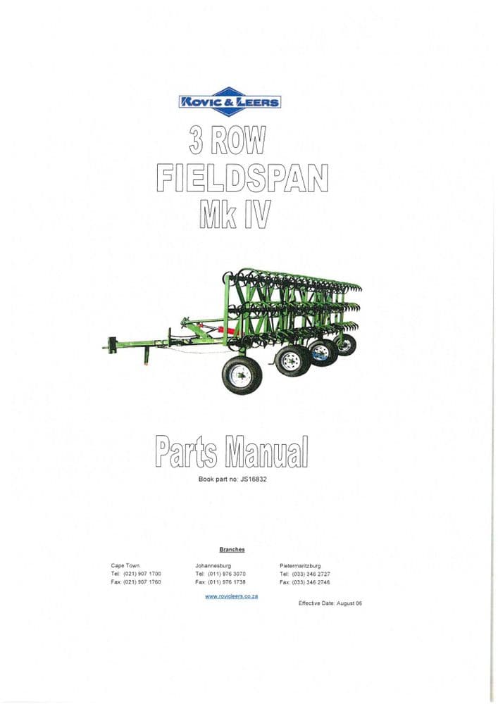Rovic & Leers Harrow Cultivator 3 Row Fieldspan MkIV Parts Manual