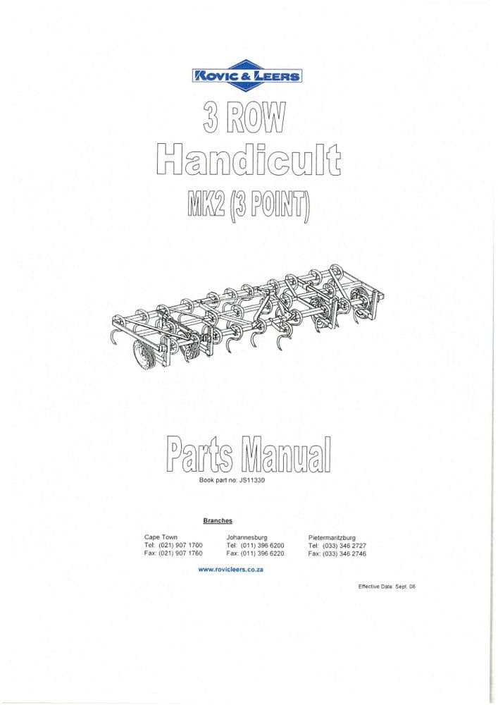 Rovic & Leers Harrow Cultivator 3 Row Handicult Mk2 Parts Manual