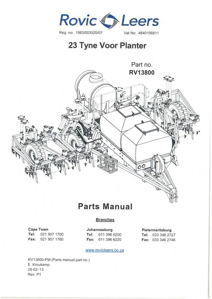 Rovic Leers Seed Drill 23 Tyne Voor Planter Parts Manual