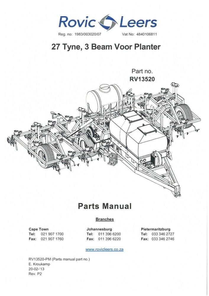 Rovic Leers Seed Drill 27 Tyne 3 Beam Voor Planter Parts Manual