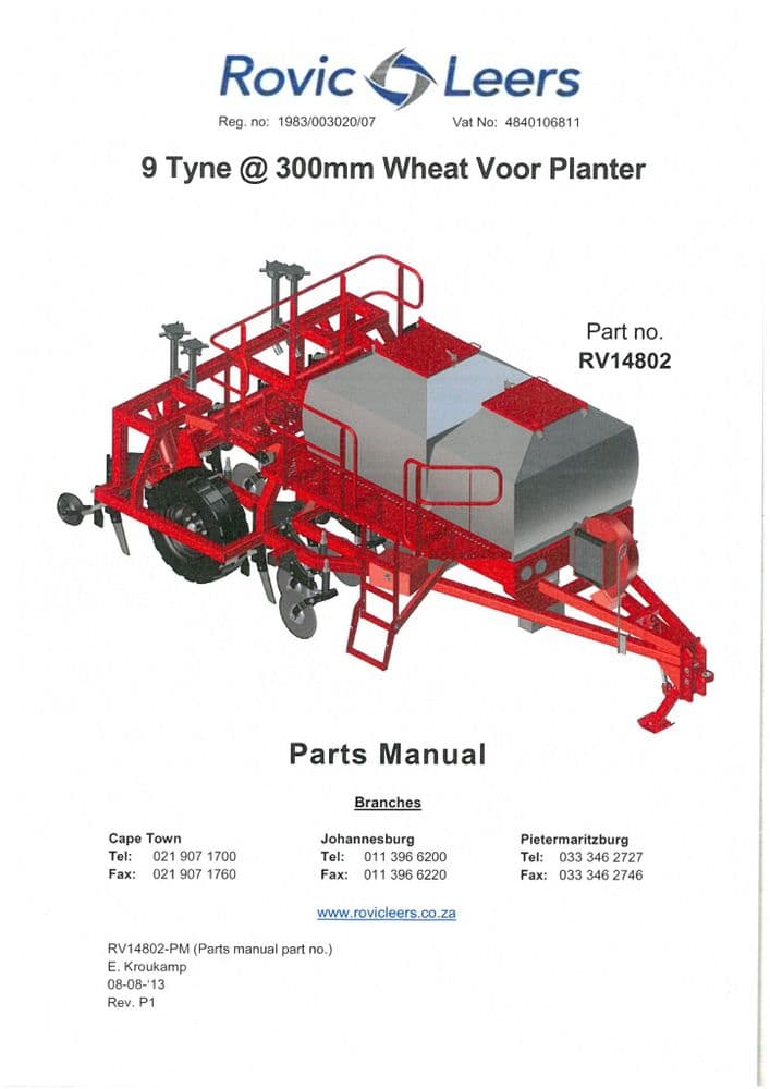 Rovic Leers Seed Drill 9 Tyne 300mm Wheat Voor Planter Parts Manual