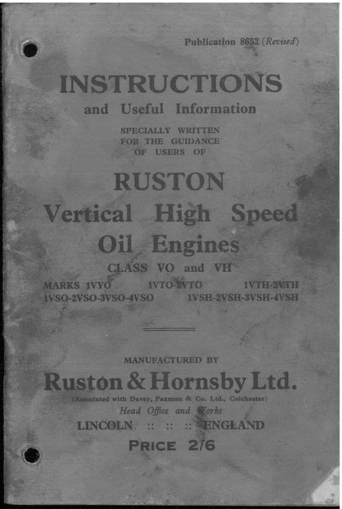 Ruston Vertical High Speed Oil Engines Class VO & VH Operators Manual ...