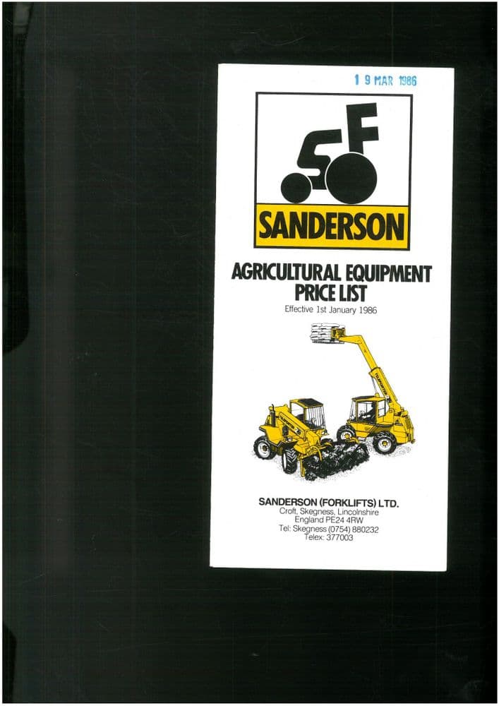 Sanderson Agricultural Equipment Price List - 1st January 1986