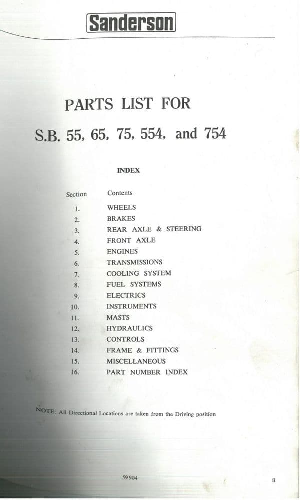 Sanderson Forklift SB55 SB65 SB75 SB554 SB754754 Parts Manual - ORIGINAL